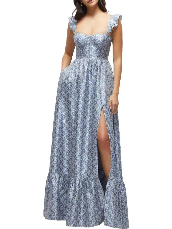 Dessy Collection Floral Jacquard Corset Bodice Gown - Chambray
