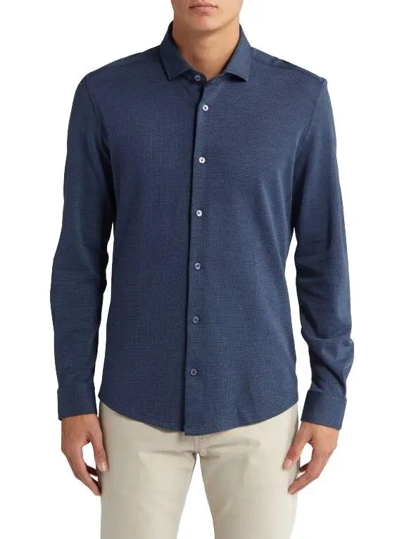 Stone Rose Solid Performance Piqué Button-up Shirt - Navy