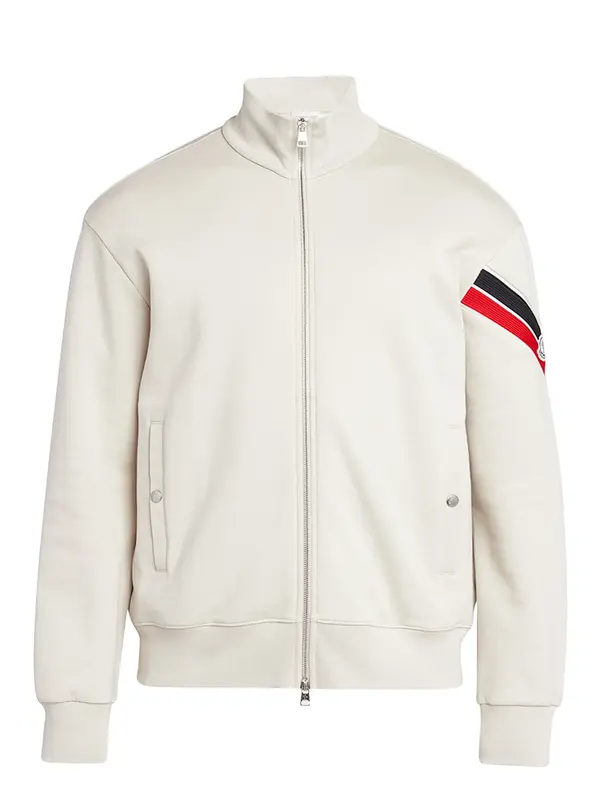 Moncler Zip-up Cotton Jacket With Striped Sleeve - Natural