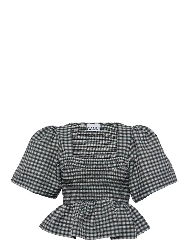 GANNI Checked Seersucker Peplum Top - Black