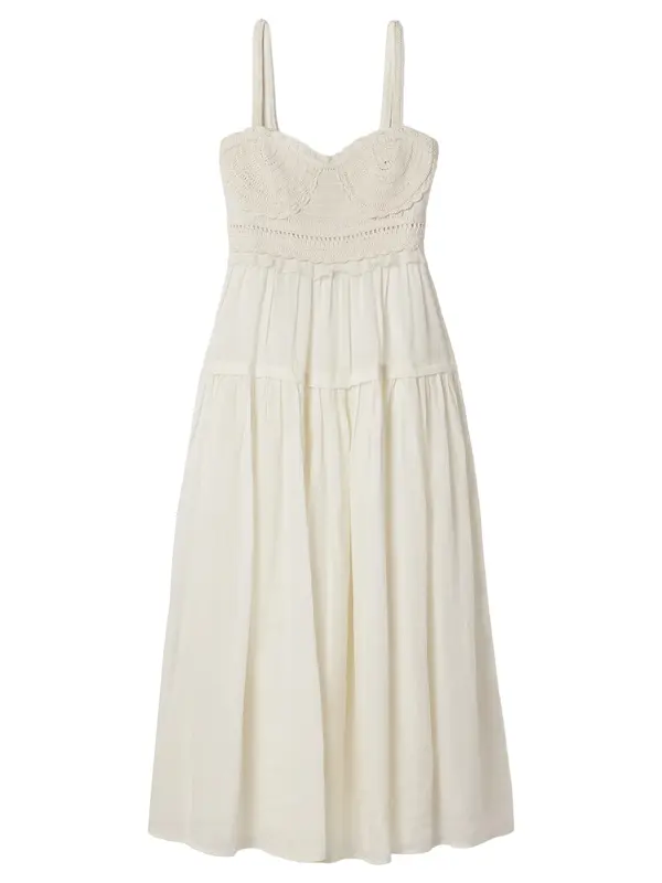 Ulla Johnson Gisella Ruffled Crocheted Cotton-trimmed Ramie Midi Dress - Cream