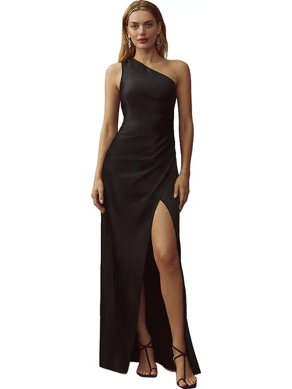 Bhldn Scottie One-shoulder Side-slit Stretch Satin Maxi Dress - Black