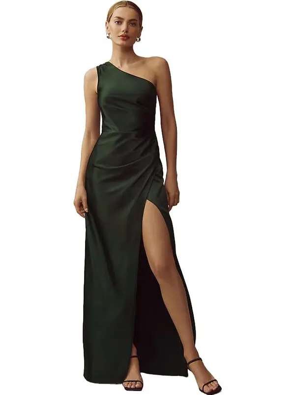 Bhldn One-shoulder Side-slit Stretch Satin Maxi Dress - Forest Green