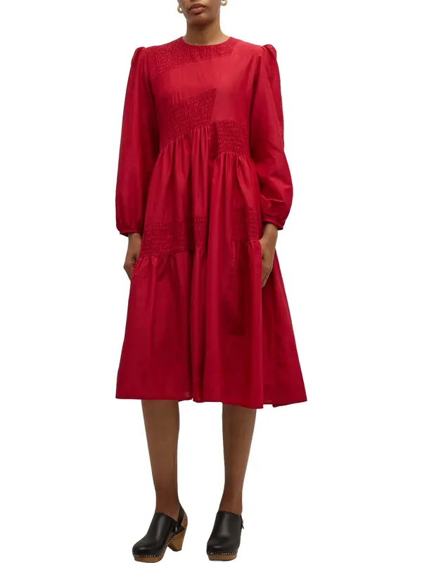 LOVEBIRDS Smocked Blouson-sleeve Midi Dress - Red