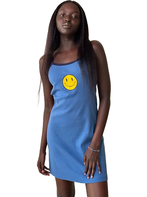 AFTERLIFE BOUTIQUE Vintage 1990's Smiley Embroidered Mini Dress - Blue