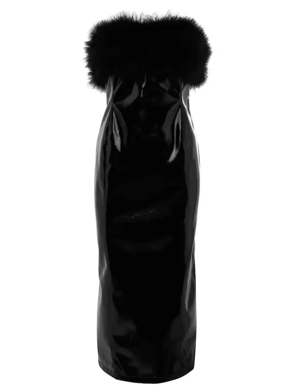 Blumarine Feather-trimmed Faux Leather Midi Dress - Black