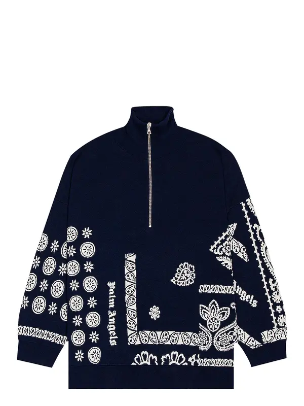 Palm Angels Jacquard Bandana Half Zip Pullover - Blue