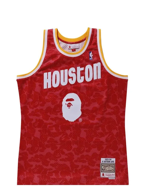 BAPE X Mitchell Ness Rockets Camo Basketball Swingman Jersey - Red