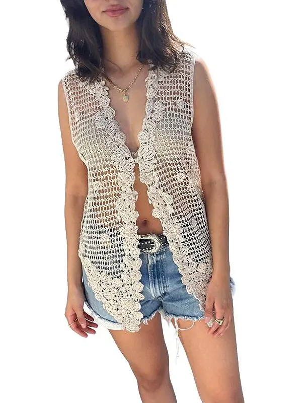 MADLY VINTAGE Crochet Floral Vest - Light Sand