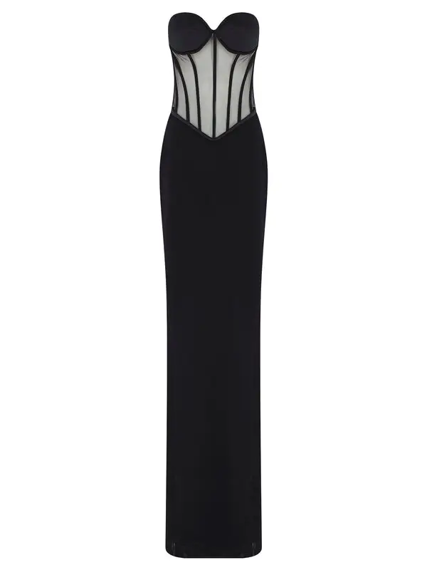 THE NEW ARRIVALS ILKYAZ OZEL Mesh-detailed Corseted Maxi Dress - Black