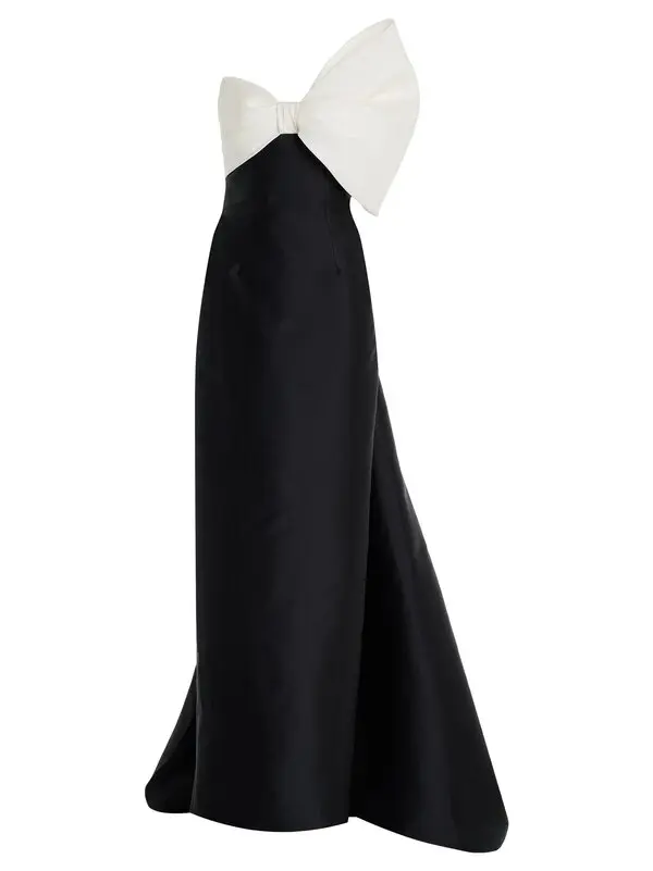 Monique Lhuillier Asymmetric Bow-detailed Silk Gown - Black,white