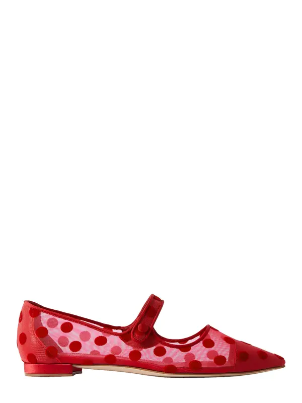 Manolo Blahnik Campari Grosgrain-trimmed Flocked Mesh Ballet Flats - Red