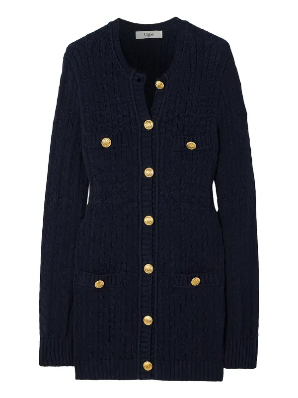 Chloé Embellished Cable-knit Cotton Cardigan - Blue