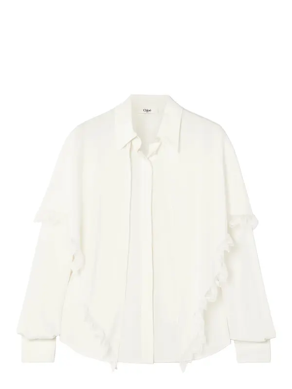 Chloé Lace-trimmed Draped Silk-crepe De Chine Shirt - White