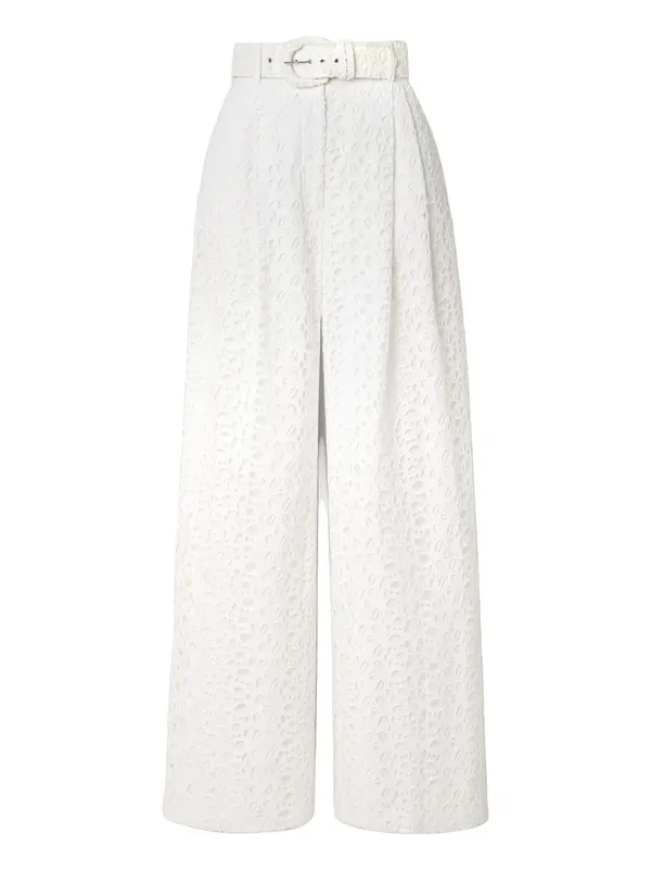 SERGIO HUDSON Belted Broderie Anglaise Wide-leg Pants - White
