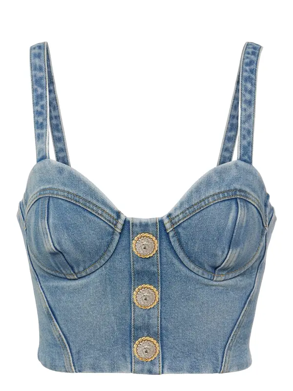 Balmain Cropped Denim Bustier - Blue
