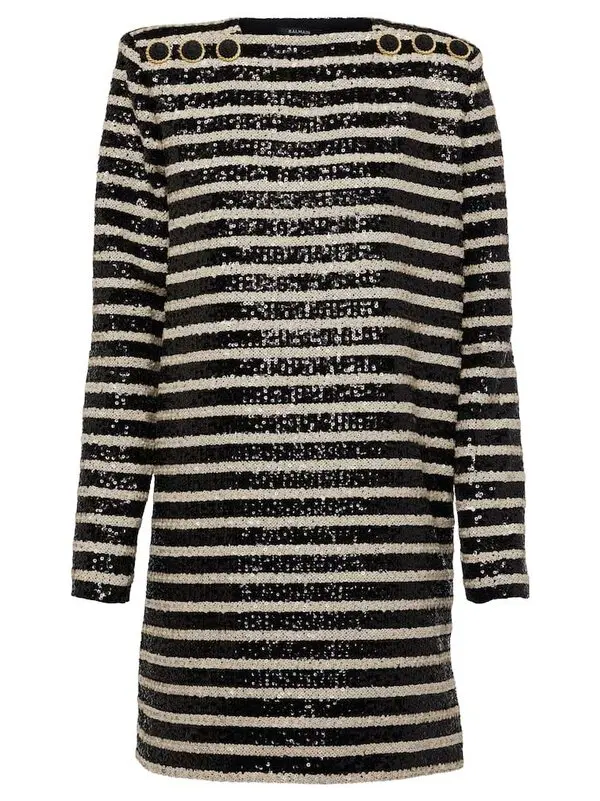 Balmain Sequined Striped Minidress - Black