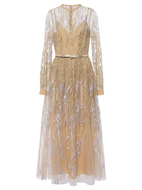 Elie Saab Embroidered Tulle Midi Dress - Beige