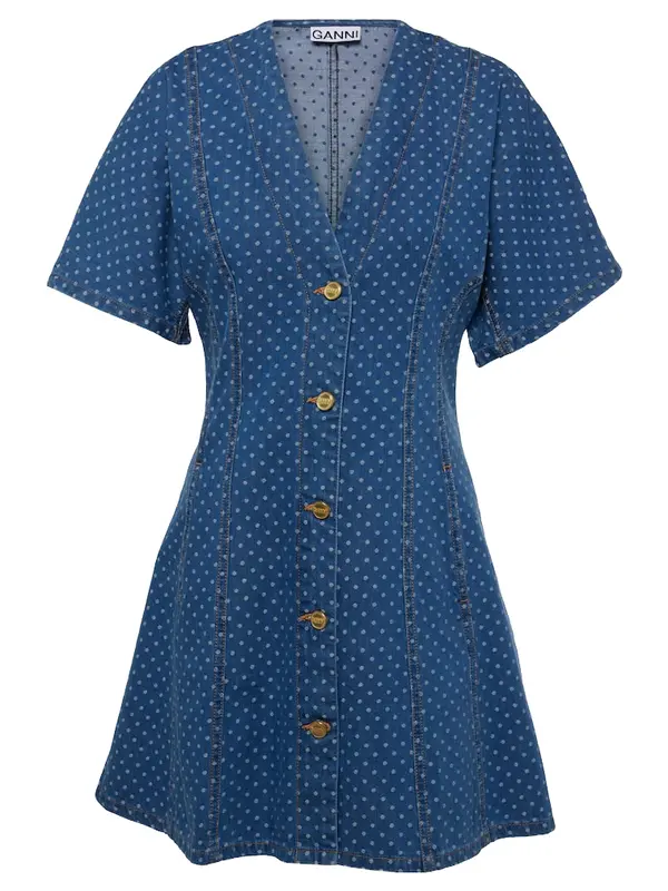 GANNI Polka-dot Denim Minidress - Blue