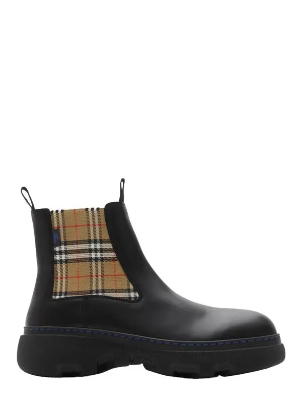 Burberry Leather Chelsea Boots With Checked Side Panels - Black/sand Beige