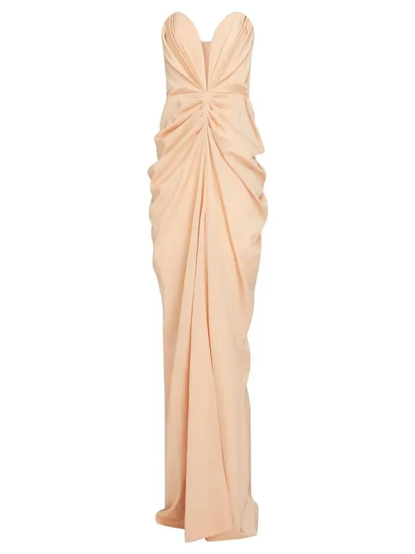 RHEA COSTA Strapless Pleated Satin Gown - Pastel Orange