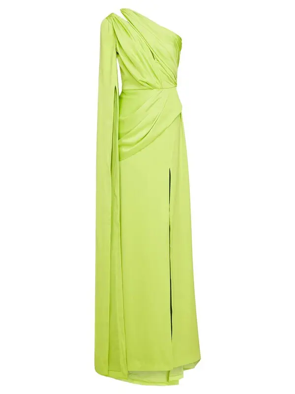 RHEA COSTA Draped Pleated Satin Gown - Bright Green