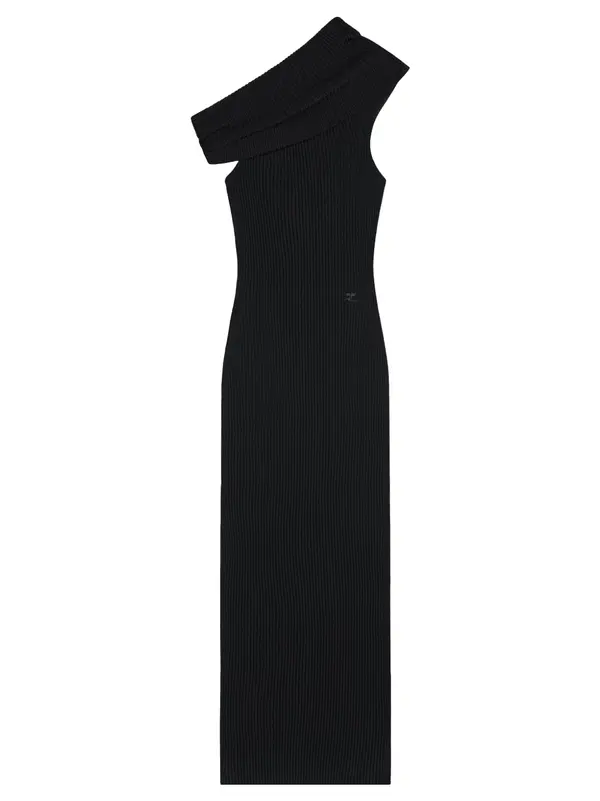 COURREGES Assymetric Ribbed-knit Long Dress - Black