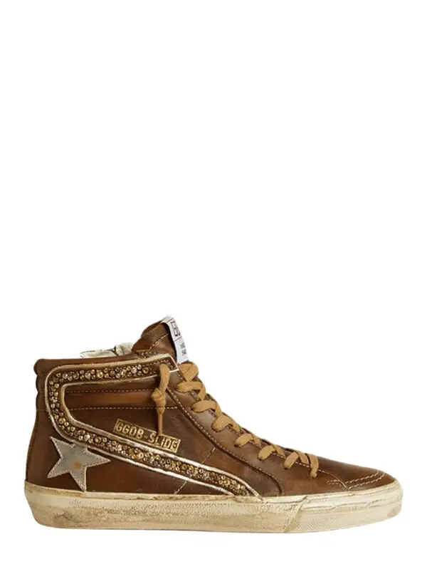 Golden Goose Slide Embellished Leather Sneakers - Brown