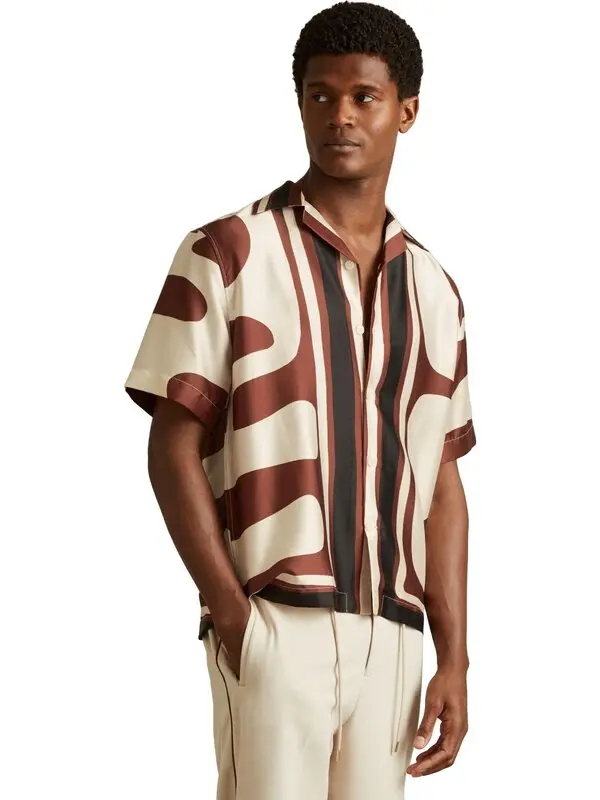 REISS Tom Relaxed Printed Cuban Collar Shirt - Rust/navy