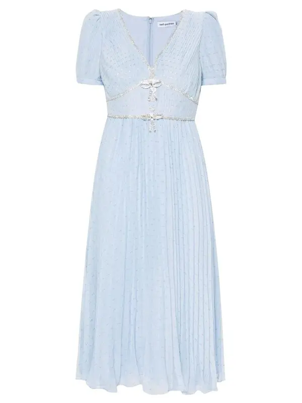 SELF-PORTRAIT Pleated Chiffon Midi Dress - Blue
