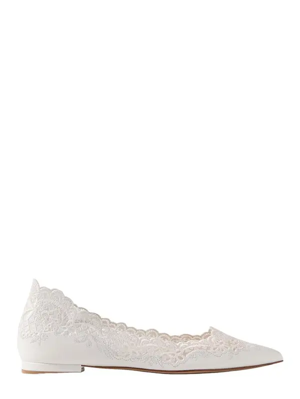 GIANVITO ROSSI Evie Lace-trimmed Leather Flats - White