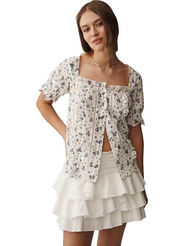 Anthropologie Puff-sleeve Eyelet Top - Ivory Pattern