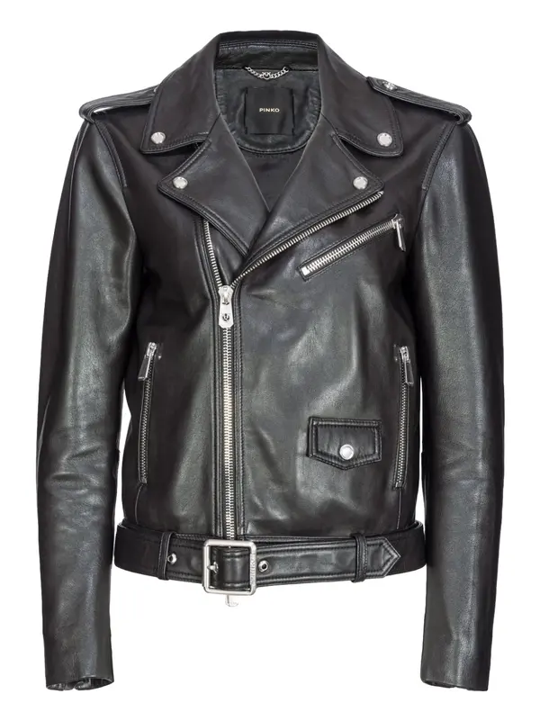 Pinko Belted Leather Biker Jacket - Black