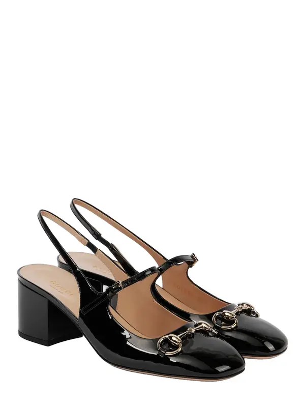 Gucci Horsebit 55 Patent Leather Slingback Pumps - Black