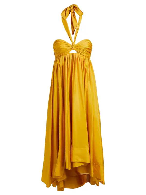 Zimmermann Asymmetric Gathered Silk-voile Halterneck Midi Dress - Mustard