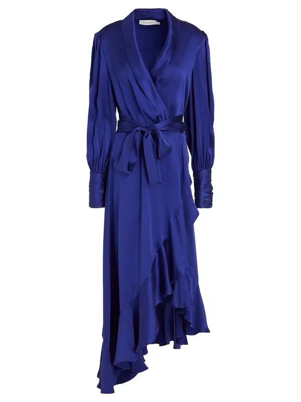 Zimmermann Asymmetric Ruffled Silksatin Midi Wrap Dress - Indigo