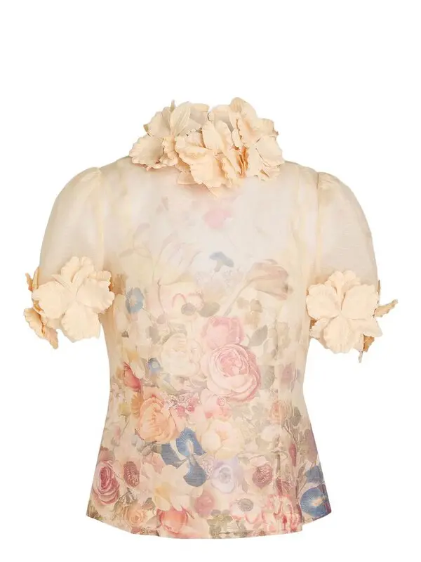 Zimmermann Floral Appliquéd Linen And Silk-blend Top - Cream