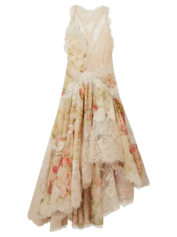 Zimmermann Asymmetric Lace-trimmed Floral-print Maxi Dress - Pastel Orange