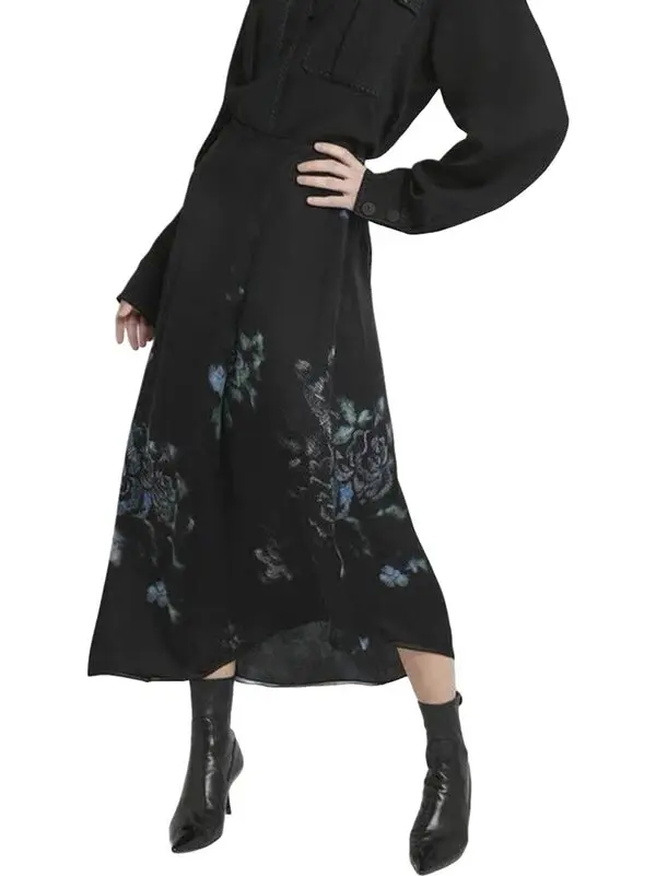 Giorgio Armani Floral Print Silk Wrap Midi Skirt - Solid Black