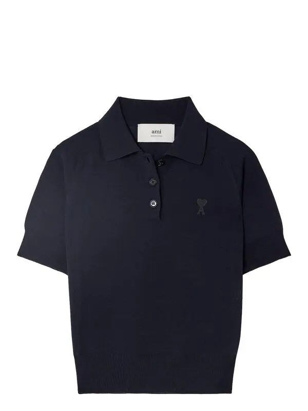 Ami Embroidered Merino Wool Polo Shirt - Blue