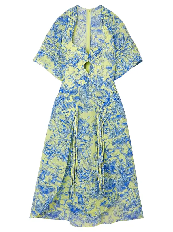 Stella McCartney Fringed Cutout Printed Silk And Cotton-blend Midi Dress - Pastel Yellow