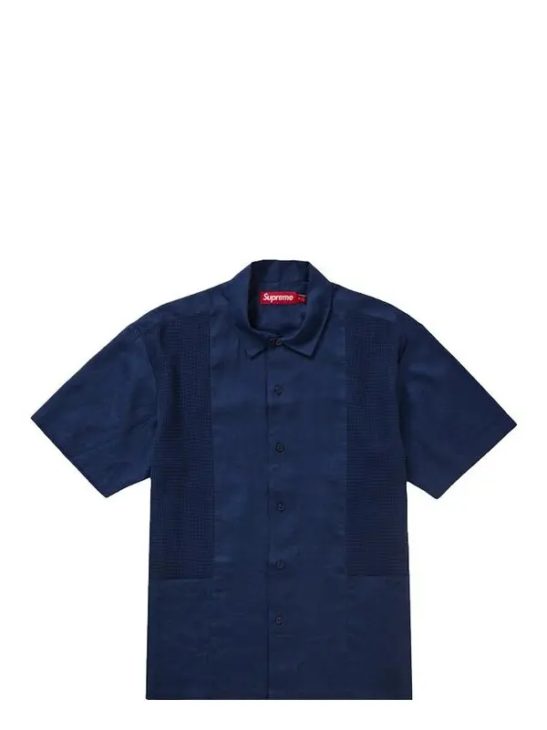 Supreme Mesh Panel Linen Short Sleeve Shirt - Navy Blue