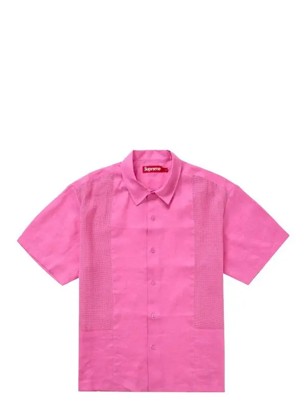 Supreme Mesh Panel Linen Short Sleeve Shirt - Pink