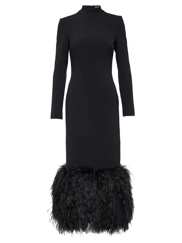 David Koma Feather-trimmed Cady Midi Dress - Black