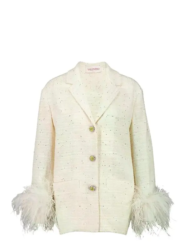 Valentino Garavani Feather-trim Embellished Tweed Blazer - Neutrals