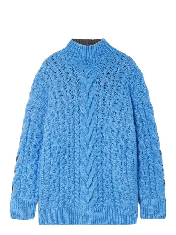 Stella McCartney Oversized Two-tone Cable-knit Alpaca-blend Turtleneck Sweater - Blue