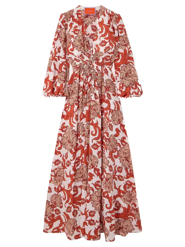La DoubleJ Long Camerino Ruffled Printed Silk Maxi Dress - Orange