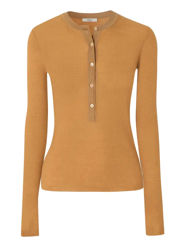 Chloé Ribbed Wool Henley Sweater - Brown