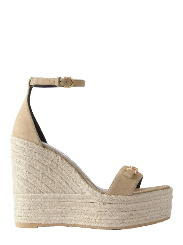 Versace Embellished Suede Espadrille Wedge Sandals - Brown