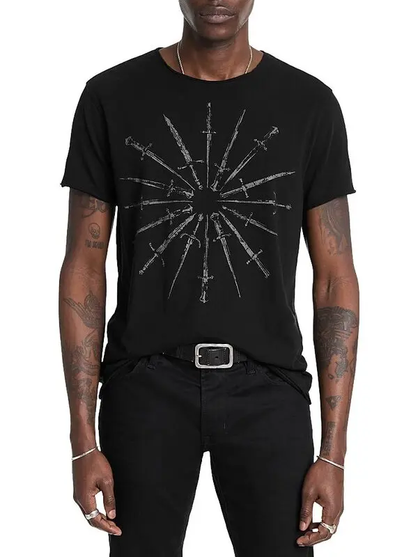John Varvatos Cotton Raw Edge Daggers Circle Graphic Tee - Black
